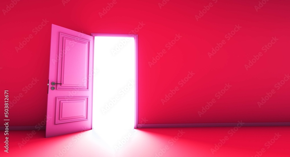 4K Ultra Hd. Red Room with the door open for a sky. Door to heaven. 3D ...