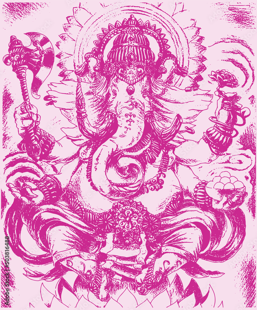 Pink outline illustration of Hindu god Lord Ganesha on a bright ...