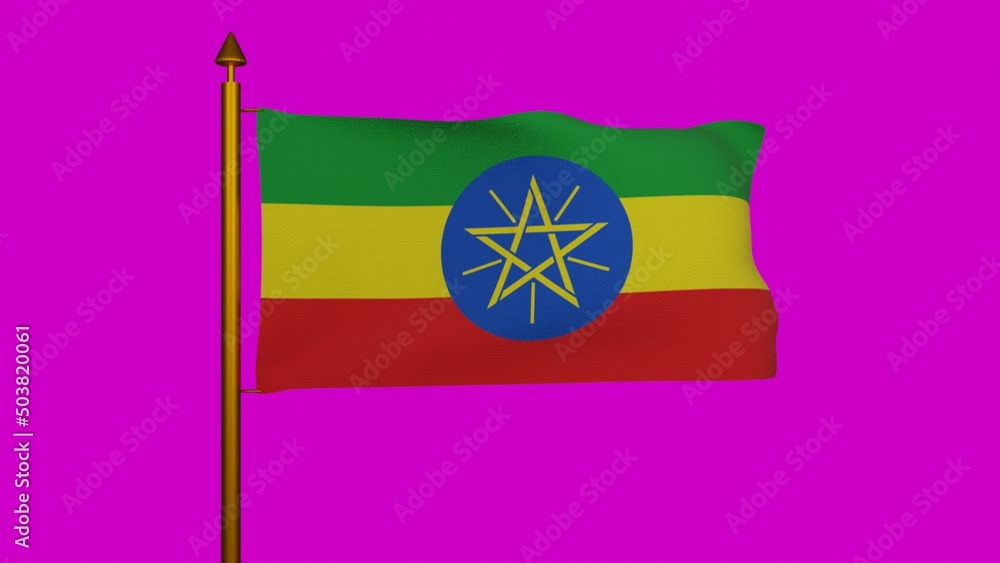 National flag of Ethiopia waving 3D Render with flagpole on chroma key ...