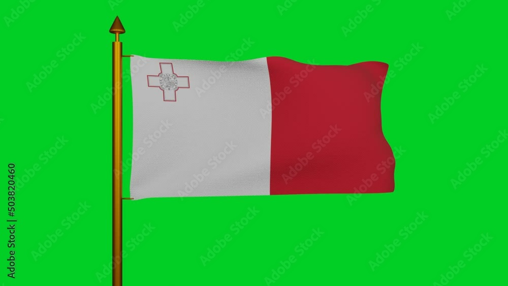 National flag of Malta waving 3D Render with flagpole on chroma key ...