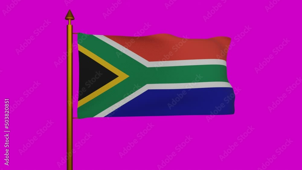 National flag of South Africa waving 3D Render with flagpole on chroma ...