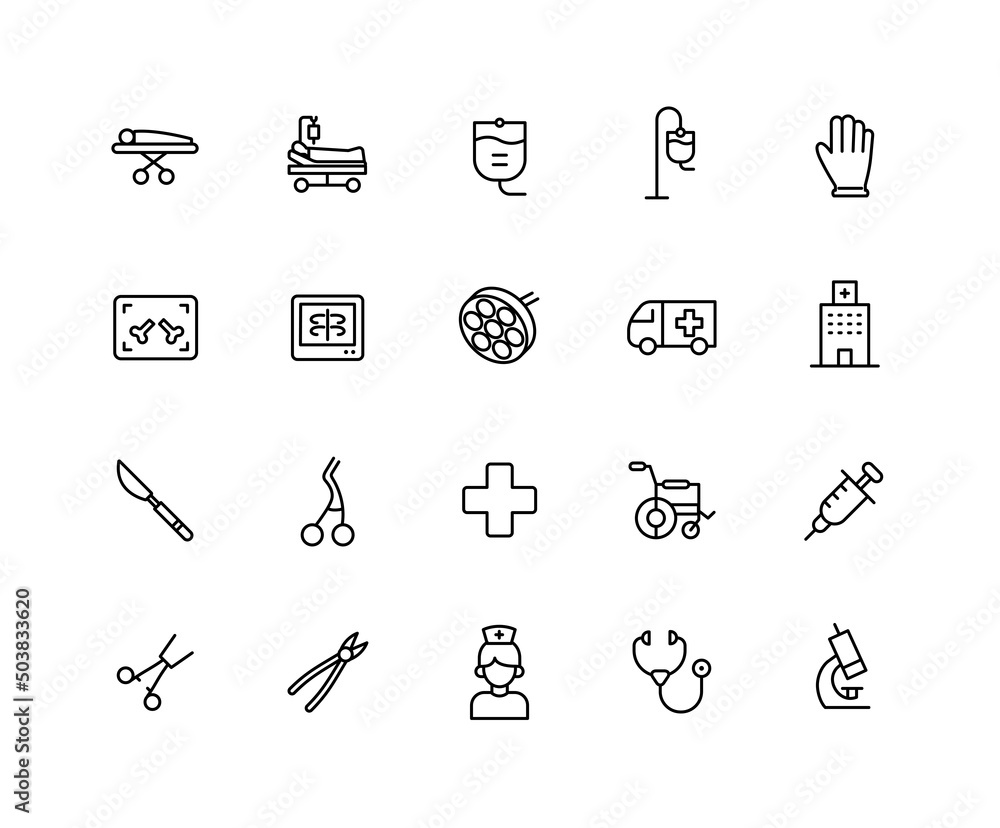 Hospital equipment linear icons. Set of patient, nurse symbols drawn ...