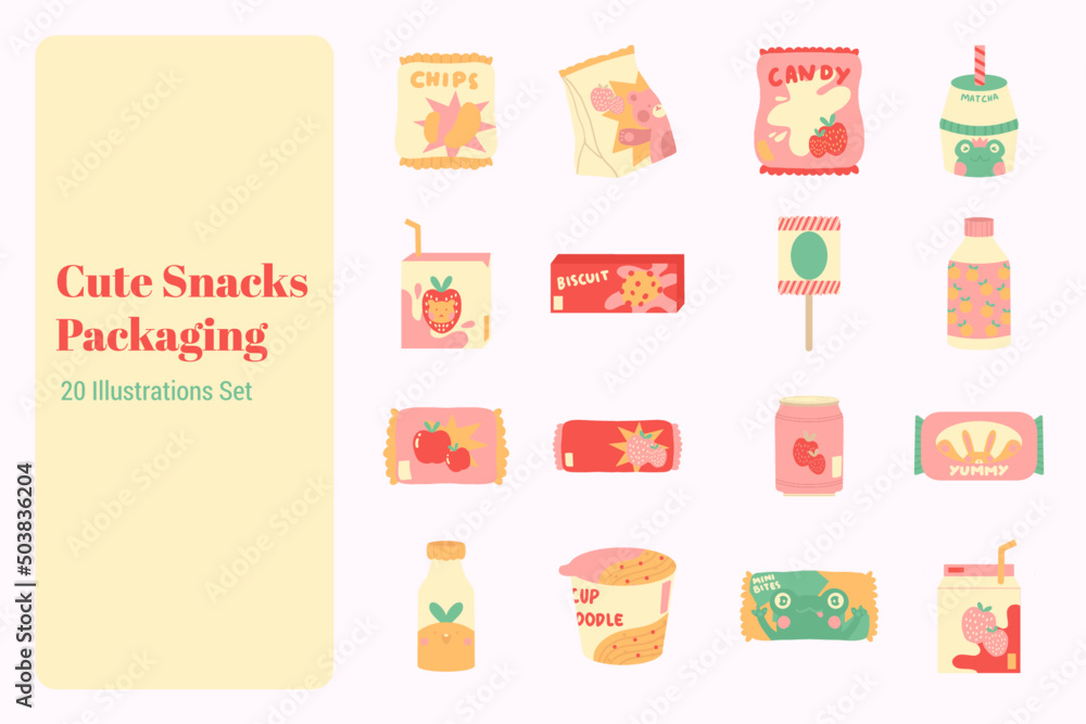Cute Snacks Packaging Illustration Set Stock Vector | Adobe Stock