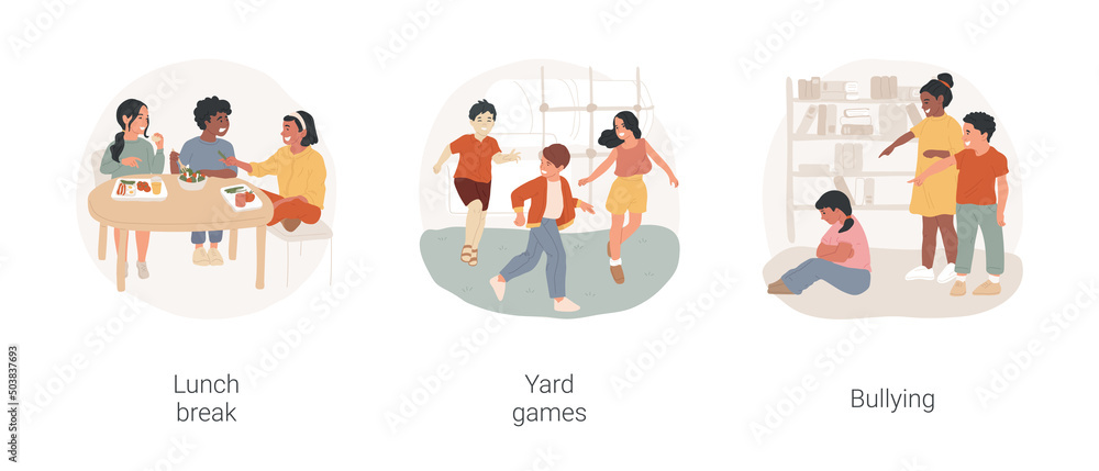 Plakat Middle school student socialization isolated cartoon vector illustration set. Students ...