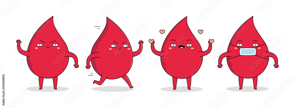 Cute red blood cartoon character set 1 of blood waving, running ...
