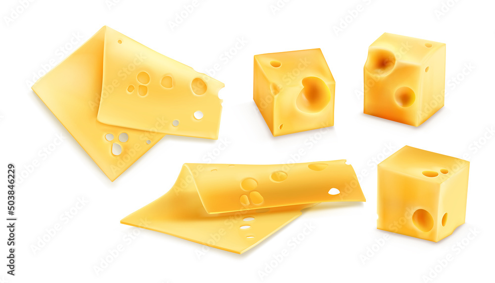 Cheese 3d realistic vector illustration. Cube or chunk and thin square ...