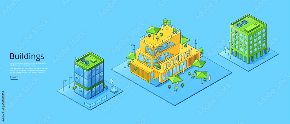 Buildings banner with isometric restaurant, office and store isolated ...