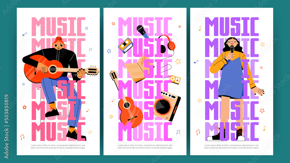 Music posters with singer and musician girls with guitar. Vector ...