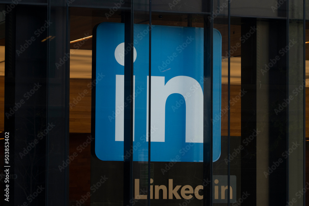 San Francisco, CA, USA - May 1, 2022: Closeup of the LinkedIn logo seen ...