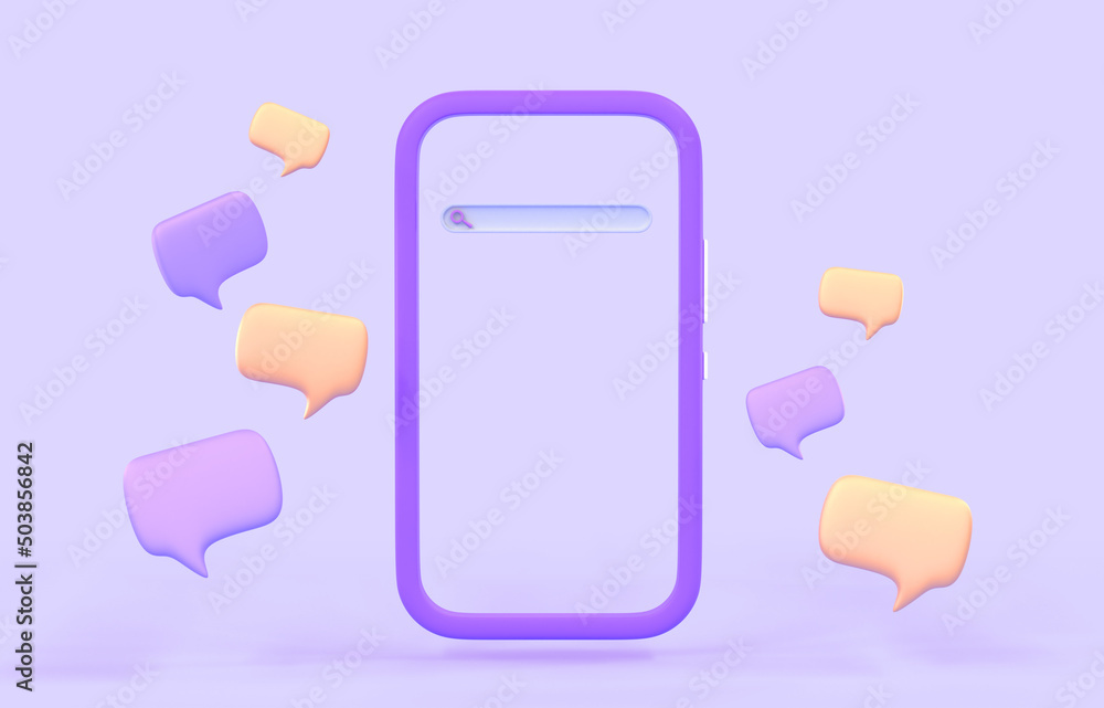 3D Mobile chatting or chat bot. Smartphone screen with search bar and ...