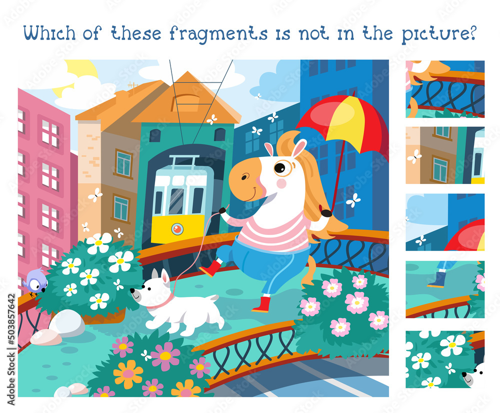 zFind hidden fragments. Game for children. Cute horse with dog in city ...