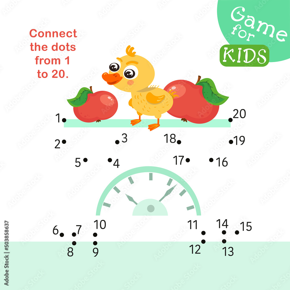 Connect dots from 1 to 20. Educational game. Duckling on scales ...
