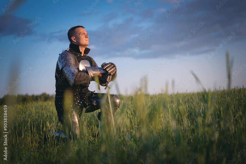 Medieval knight kneels in the field with his hand on the sword on a ...