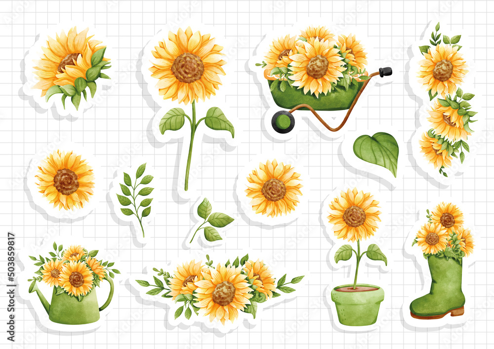 watercolor sunflower sticker, vector illustration Stock Vector | Adobe ...