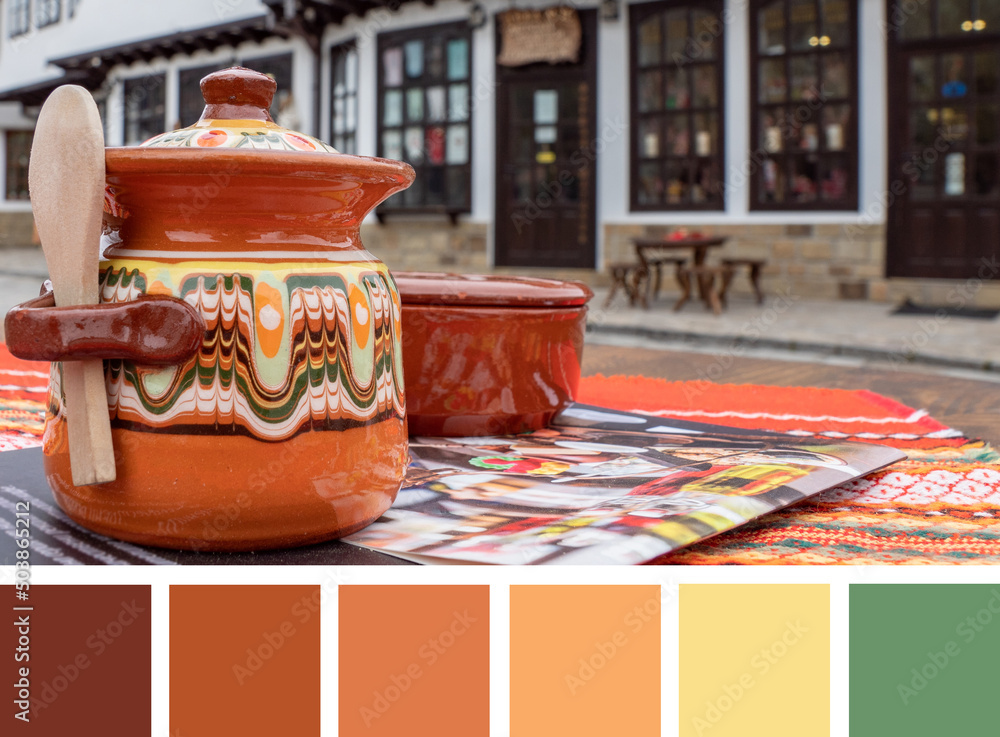 Color palette swatches of ceramic brown orange yellow green clay jar ...