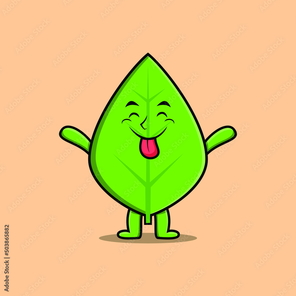 Cute cartoon green leaf character with flashy expression in cute style ...