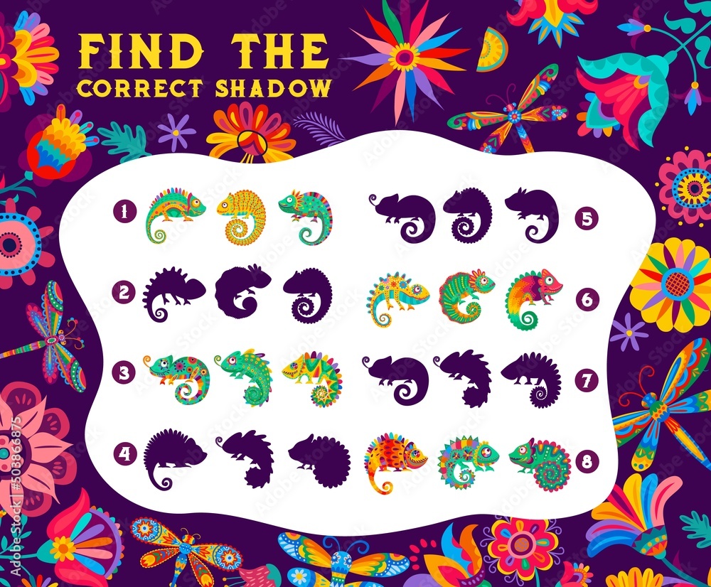 Vetor de Find the correct shadow of mexican chameleons kids riddle game ...