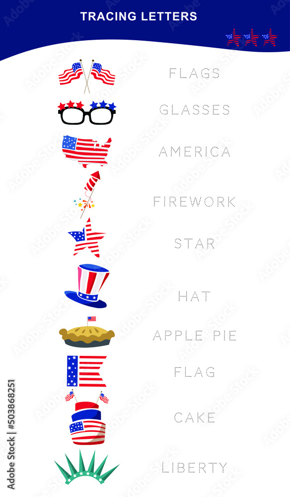 Tracing worksheet with Fourth July theme. Educational printable ...