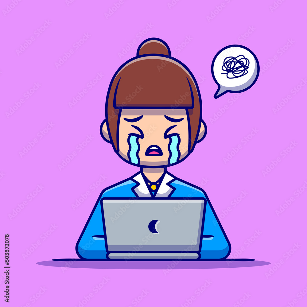 Woman Employee Crying With Laptop Cartoon Vector Icon Illustration ...