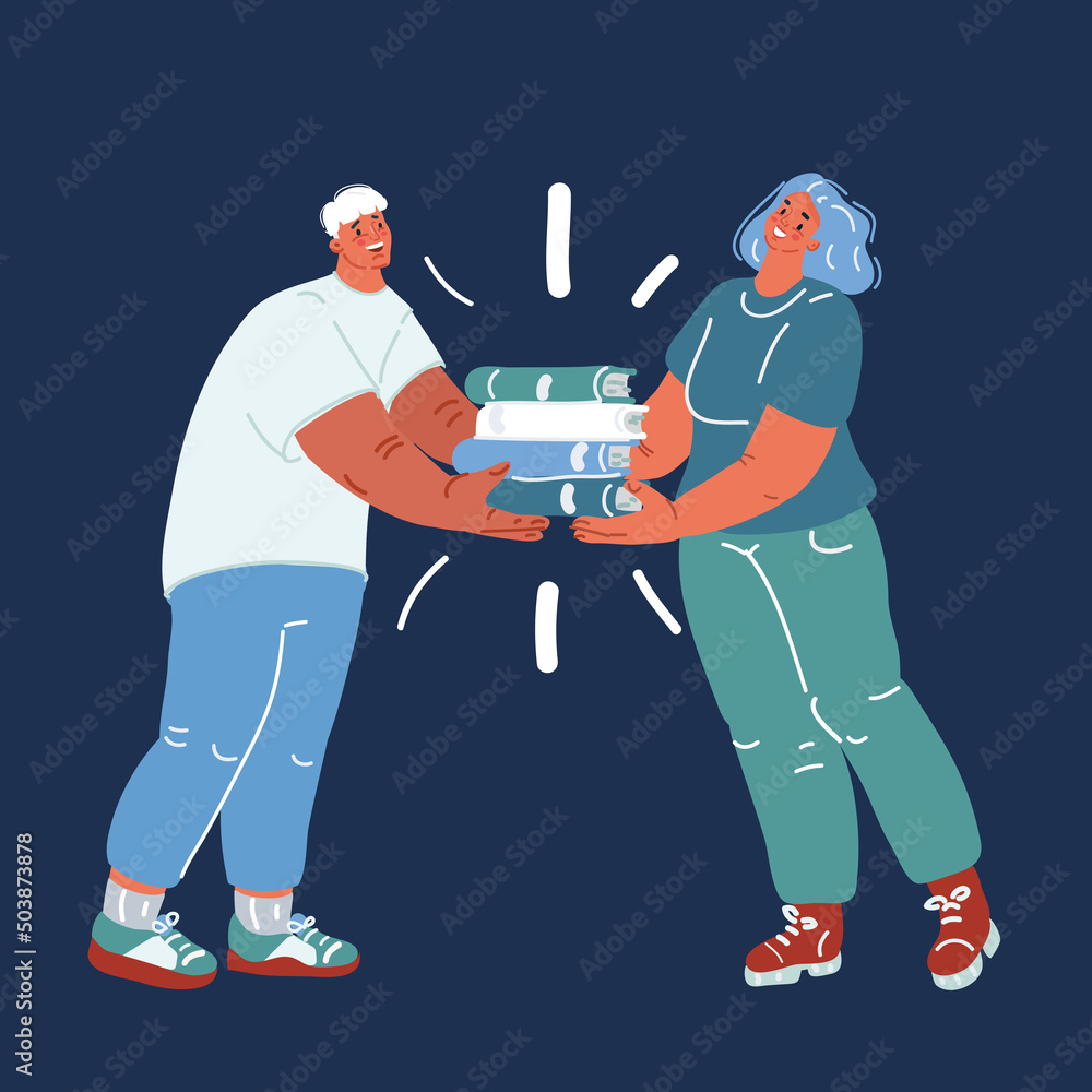 Cartoon vector illustration of people give each other books. Book ...