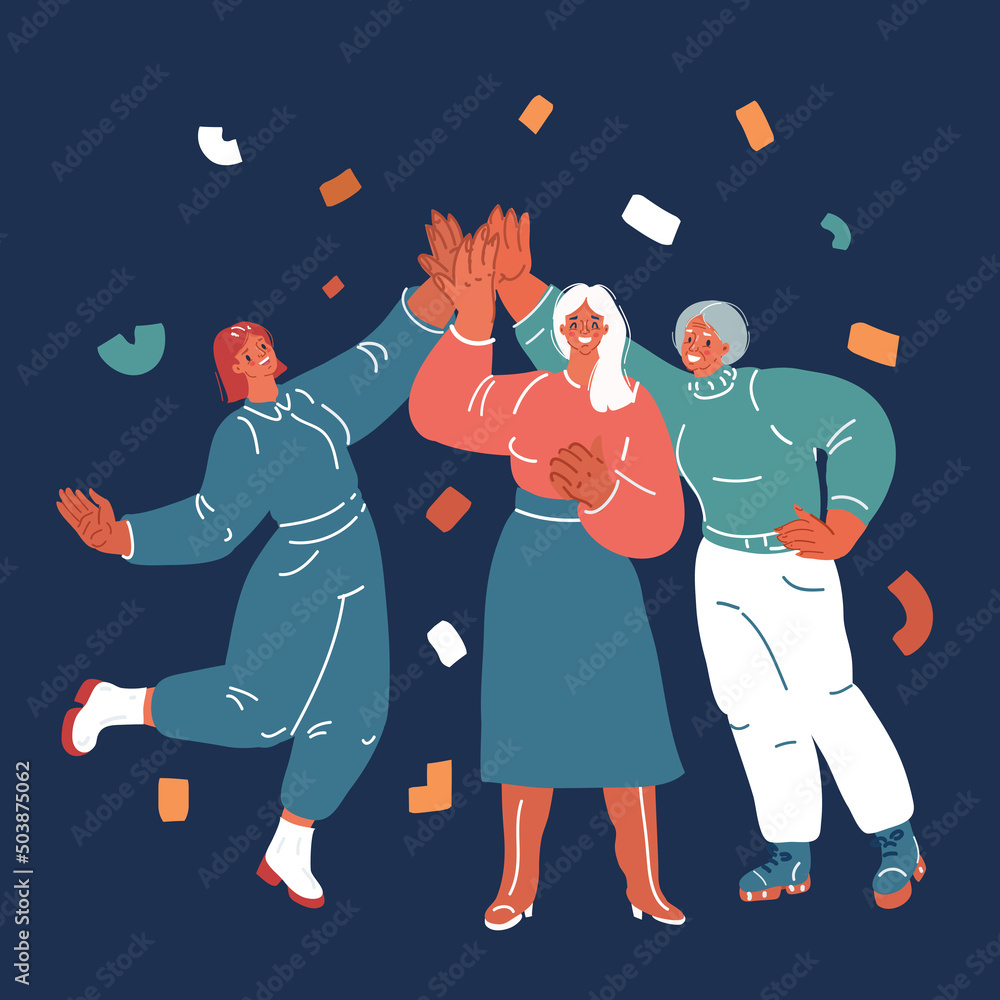 Cartoon vector illustration of women together. Friends give five each ...