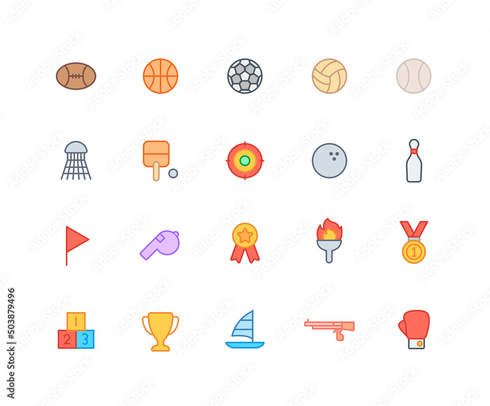 Collection of sport color icons. Set of ball, soccer, medal, olympic ...