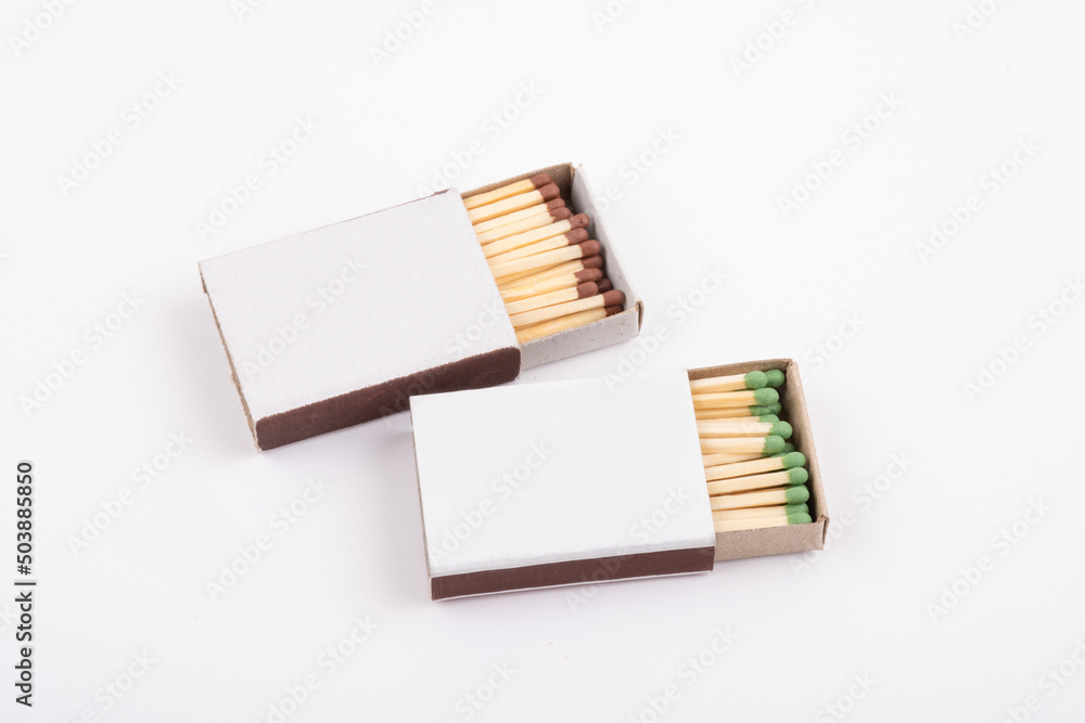 Opened old box of matches isolated on white background. Space for ...