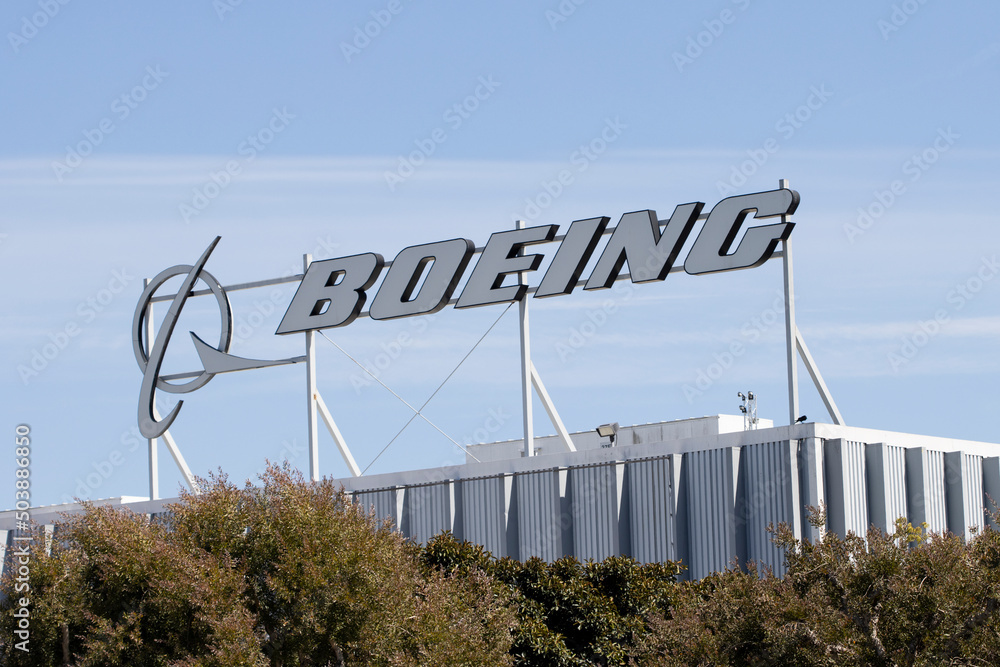 El Segundo, CA, USA - May 10, 2022: Boeing logo is seen against blue ...