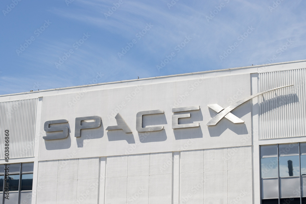 Hawthorne, CA, USA - May 10, 2022: Closeup of the SpaceX logo seen at ...