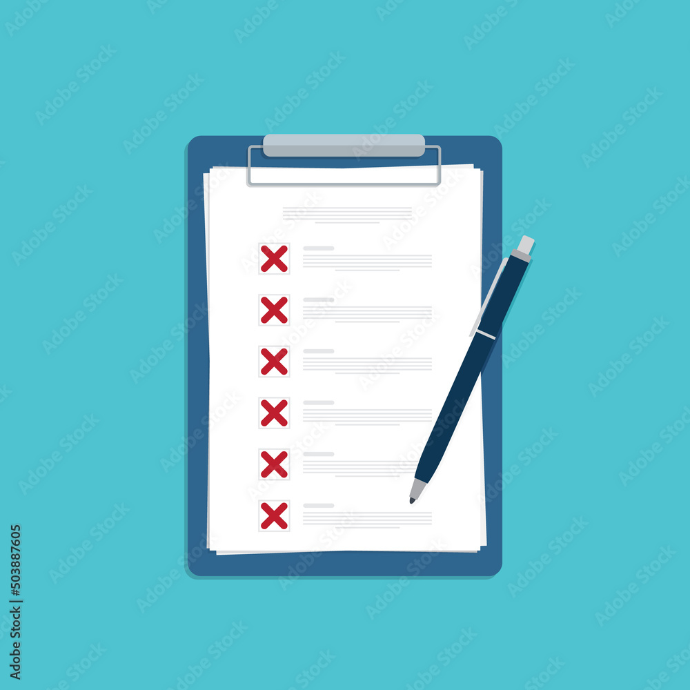 Clipboard with X marks. Failed checklist. Checklist, unfinished tasks ...