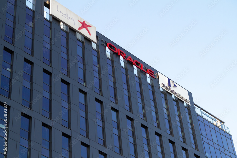 Lundbeck, Oracle and PerkinElmer logo signs on Quattro B Tower building ...