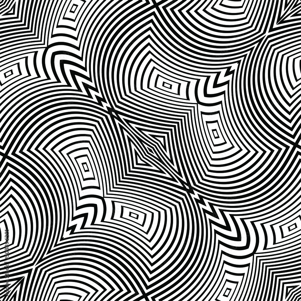 Abstract hypnotic pattern with black-white striped lines. Psychedelic ...