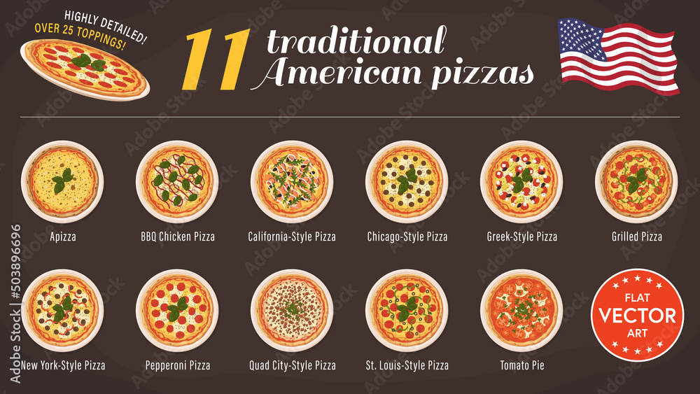 Highly detailed flat vector illustration of a set of 11 traditional ...