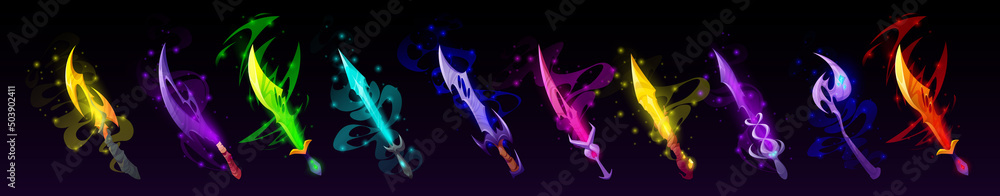 Magic swords, cartoon magical steel daggers, sabers with colorful ...