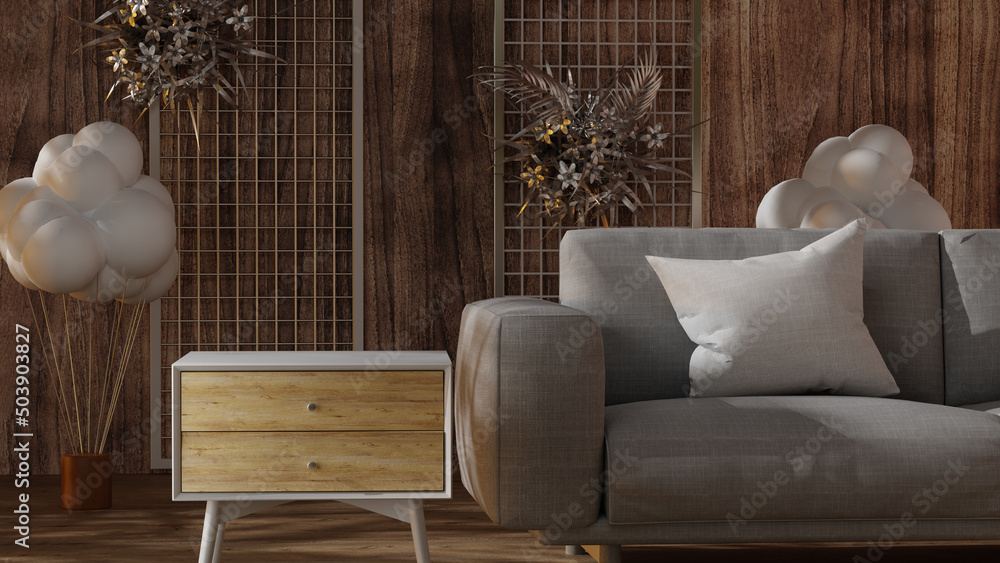Side view of modern wooden wall living room interior with sofa and side ...