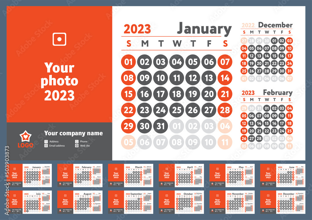 Calendar 2023 year. English vector horizontal wall calender template ...