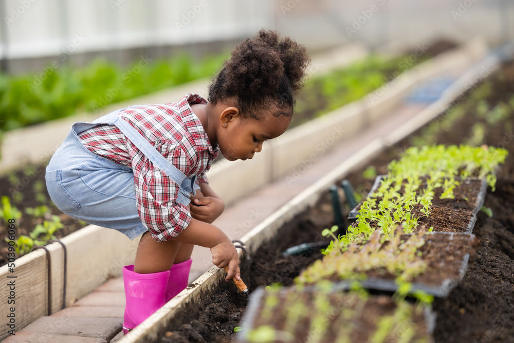 cute little child farmer daughter playing plant the tree green garden ...