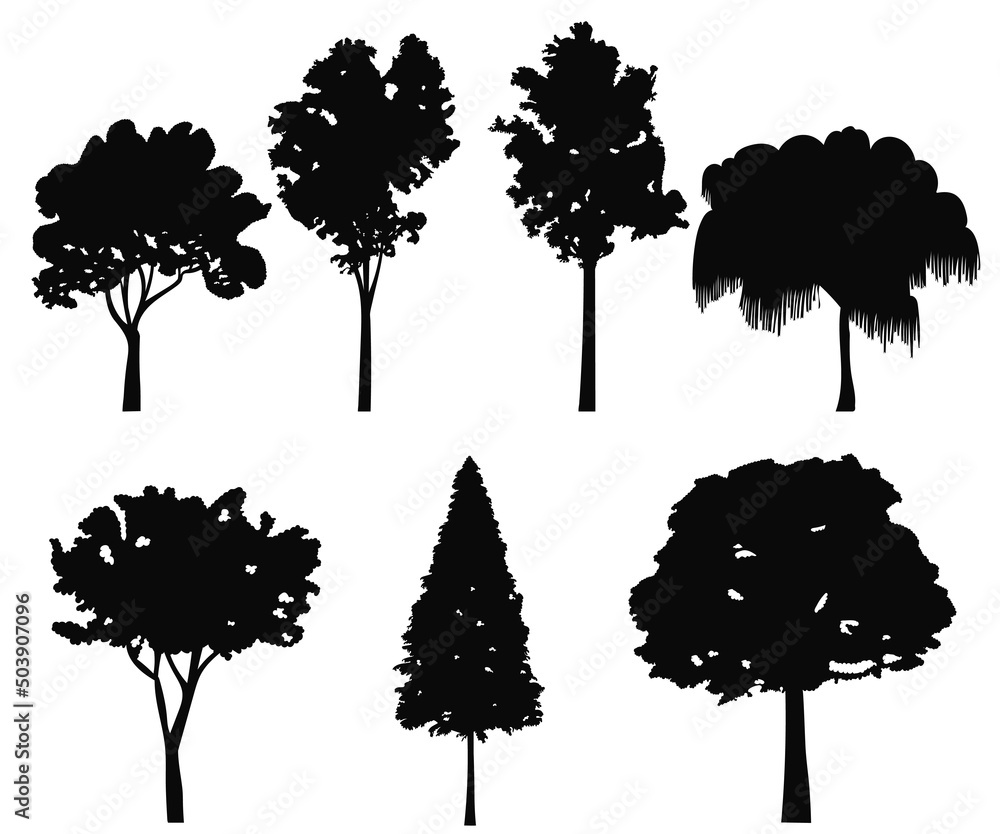 trees set silhouette, on white background, isolated, vector Stock ...