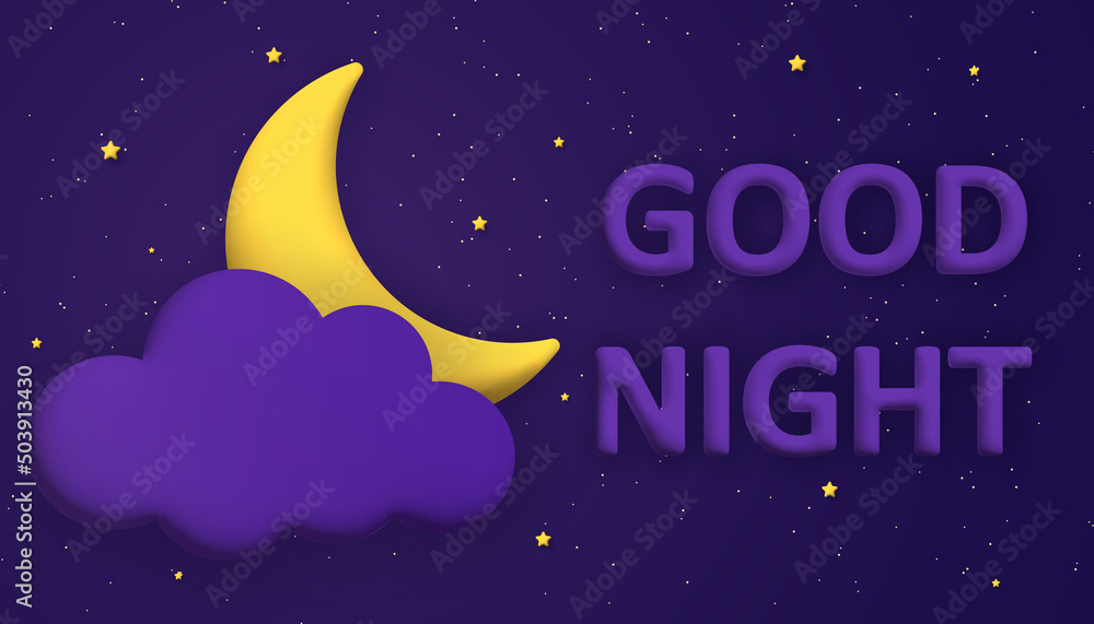 Stylish good night background with 3d text, moon, cloud and stars ...