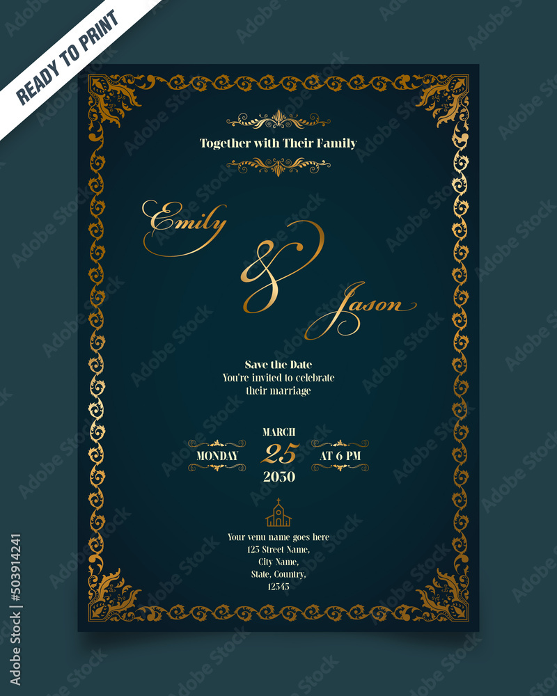Luxury floral bordered wedding invitation card vector template Stock ...