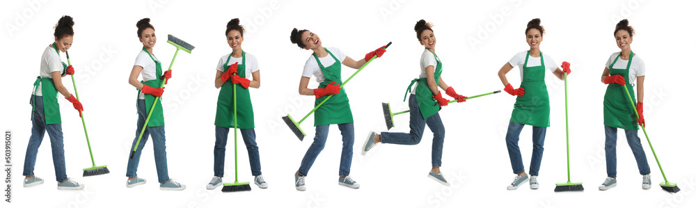 Collage with photos of beautiful African American woman with broom on ...