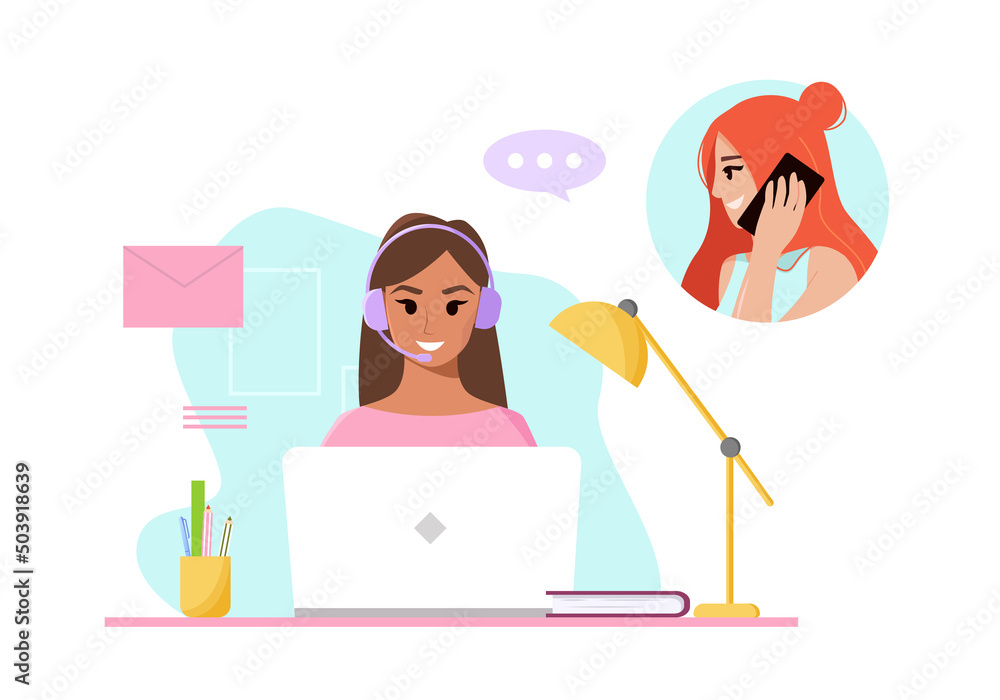 Woman working with laptop, home office, freelancer. Customer service. Support. A young woman ...