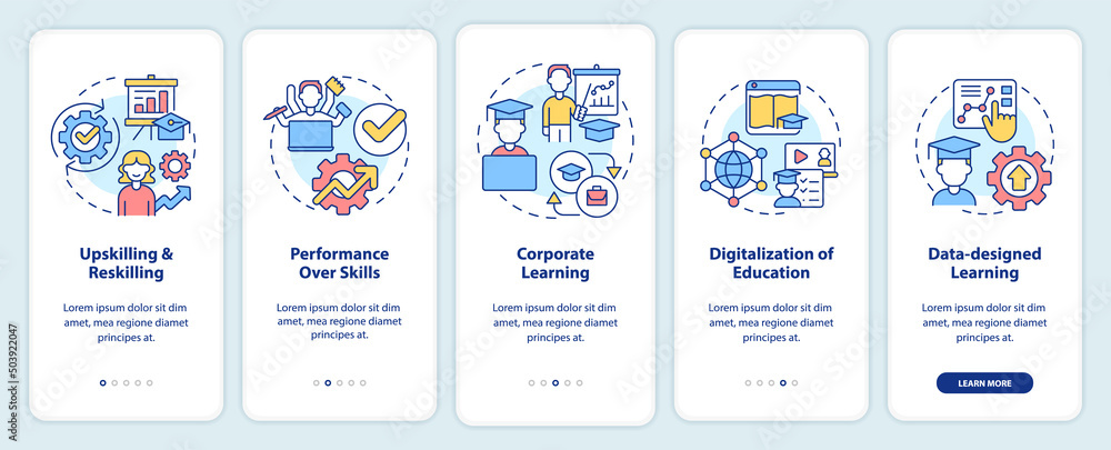 Trends in skill development onboarding mobile app screen. Upskilling ...