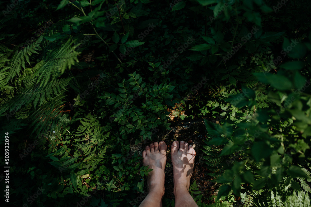 Bare feet of woman standing barefoot outdoors in nature, grounding ...