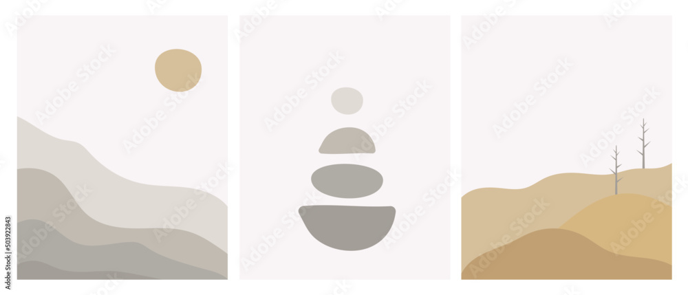 Neutral landscape with desert dunes, mountains and a rock garden. Hand ...