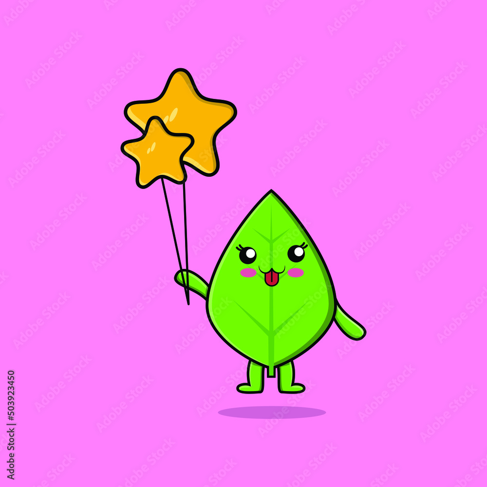 Cute cartoon green leaf floating with star balloon cartoon vector ...
