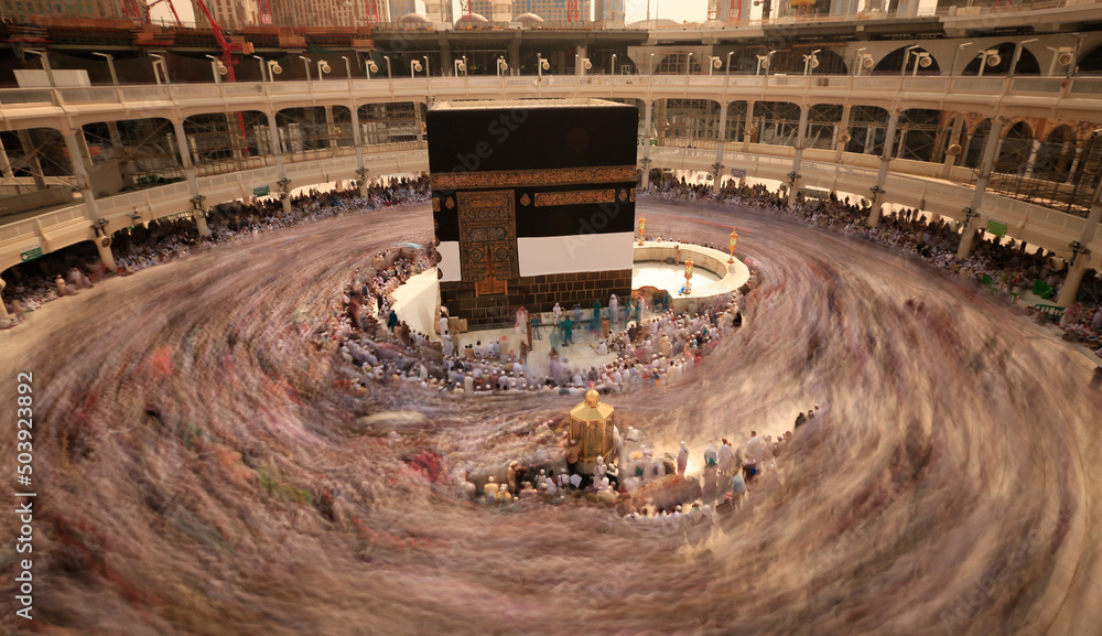 Crowd of people making Tawaf around The Holy Kaaba in Makkah during Umra or Hajj, View from the ...