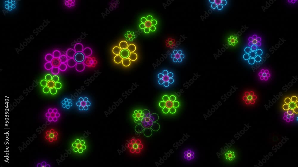 neon spring flowers falling, colorful neon lights on dark background ...