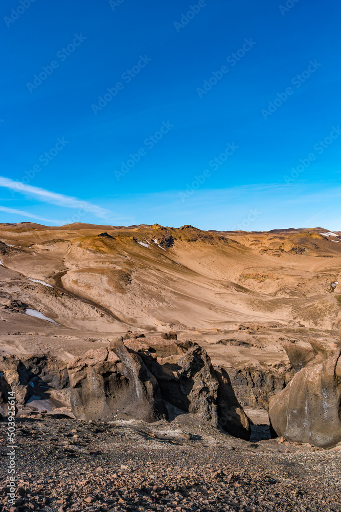 Cover page with Icelandic landscape of colorful volcanic caldera Askja ...