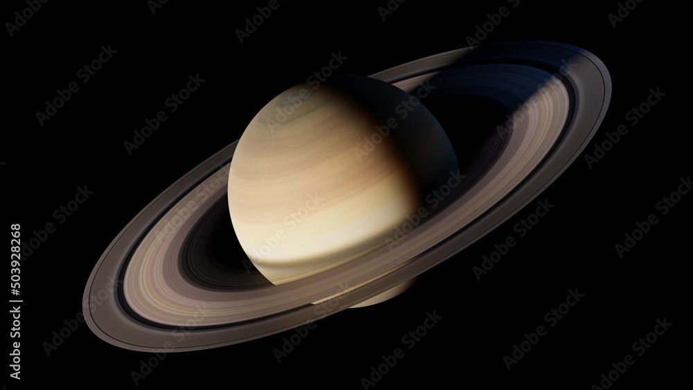 Saturn with rings in black background. 3d rendering science ...